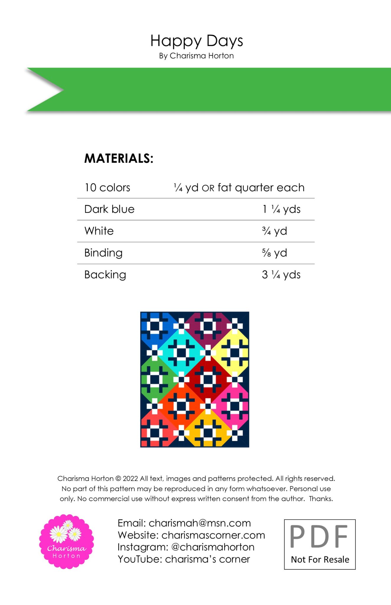 Digital Quilt Pattern ~ Happy Days